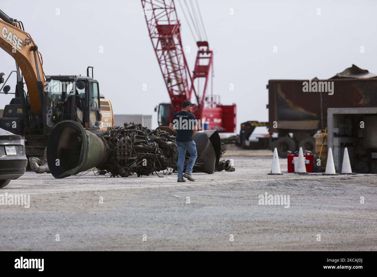 The destroyed Raptor engine from Starship SN-10’s wreckage rests near ...