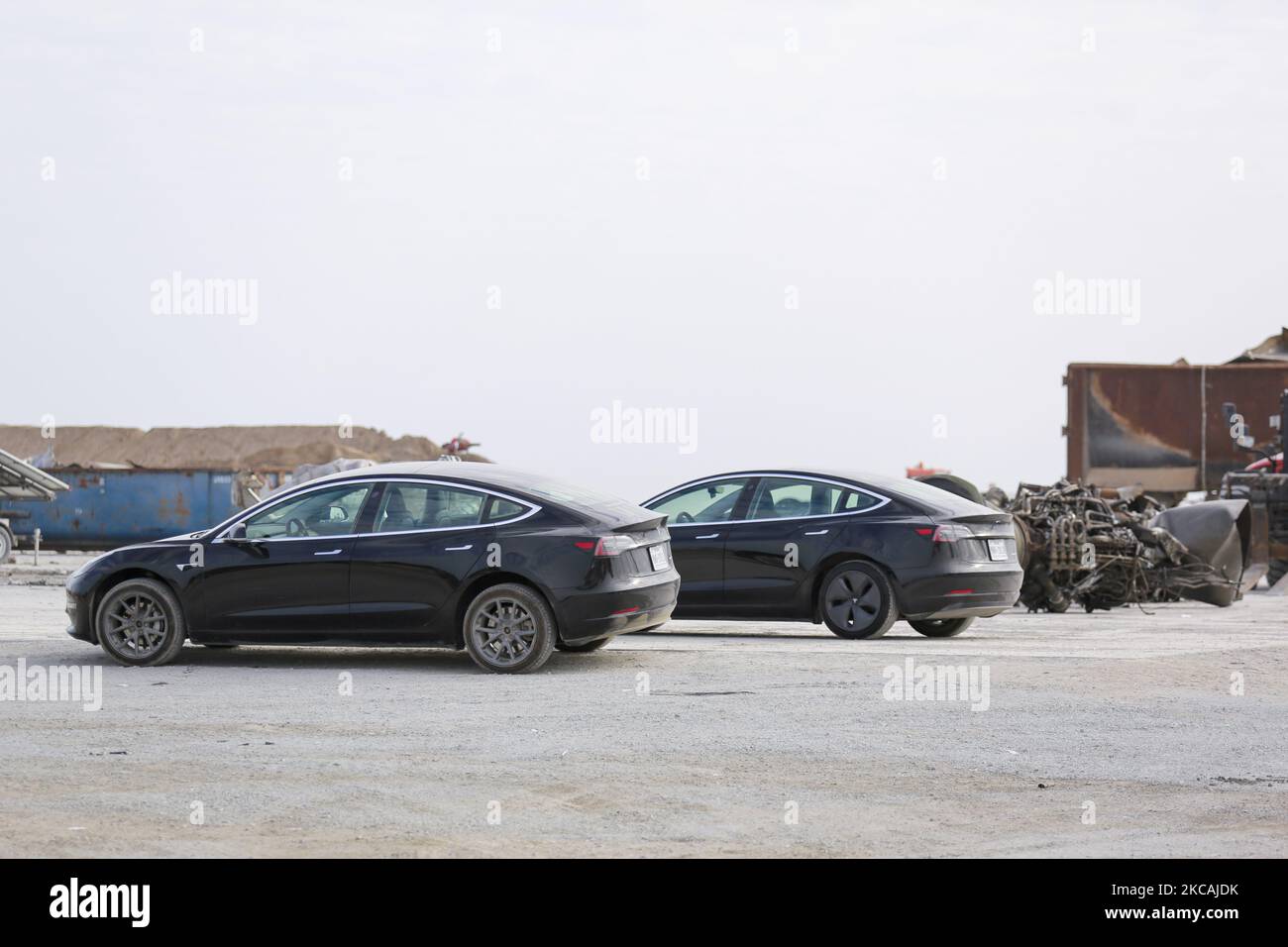 Teslas in the foreground, a destroyed Raptor engine from Starship SN-10 ...