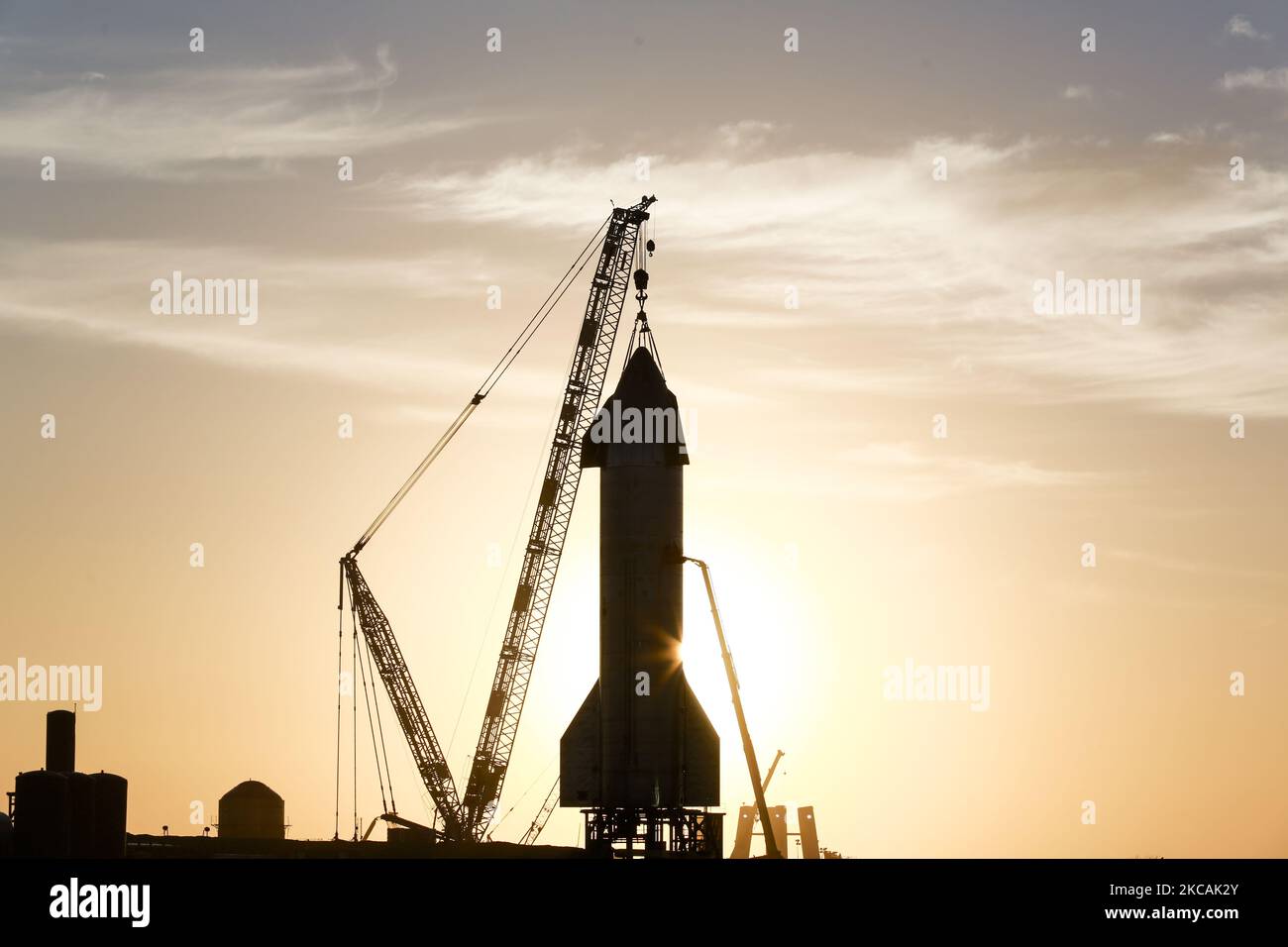 Starship SN-11 is seen at sunrise on March 9th at SpaceX's South Texas ...