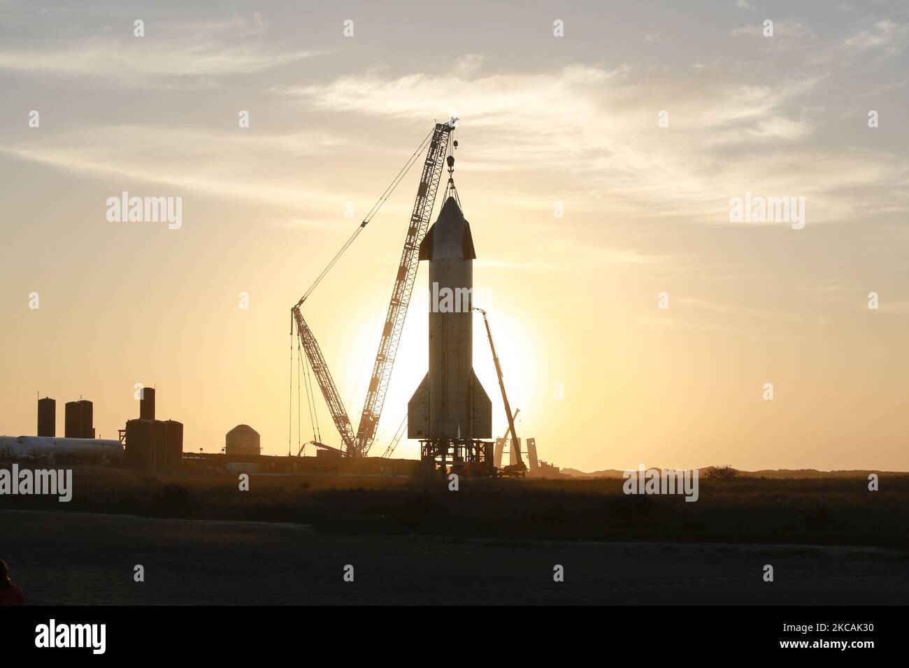 Starship SN-11 is seen at sunrise on March 9th at SpaceX's South Texas ...