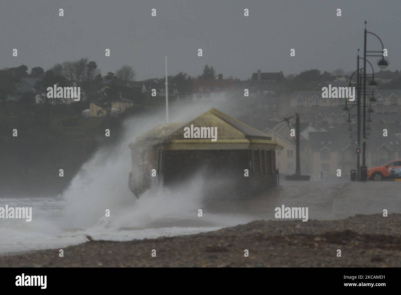 Waves crash the strand at Tramore in County Waterford on the South East ...