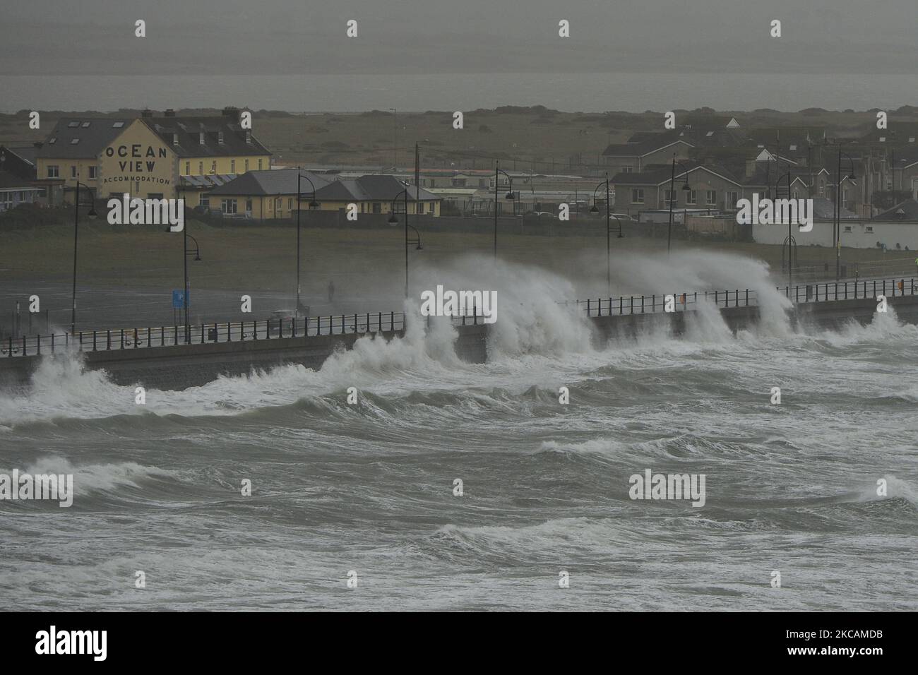 Waves crash the strand at Tramore in County Waterford on the South East ...