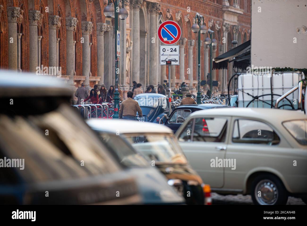 General view of House of Gucci movie set on March 10, 2021 in Milan ...