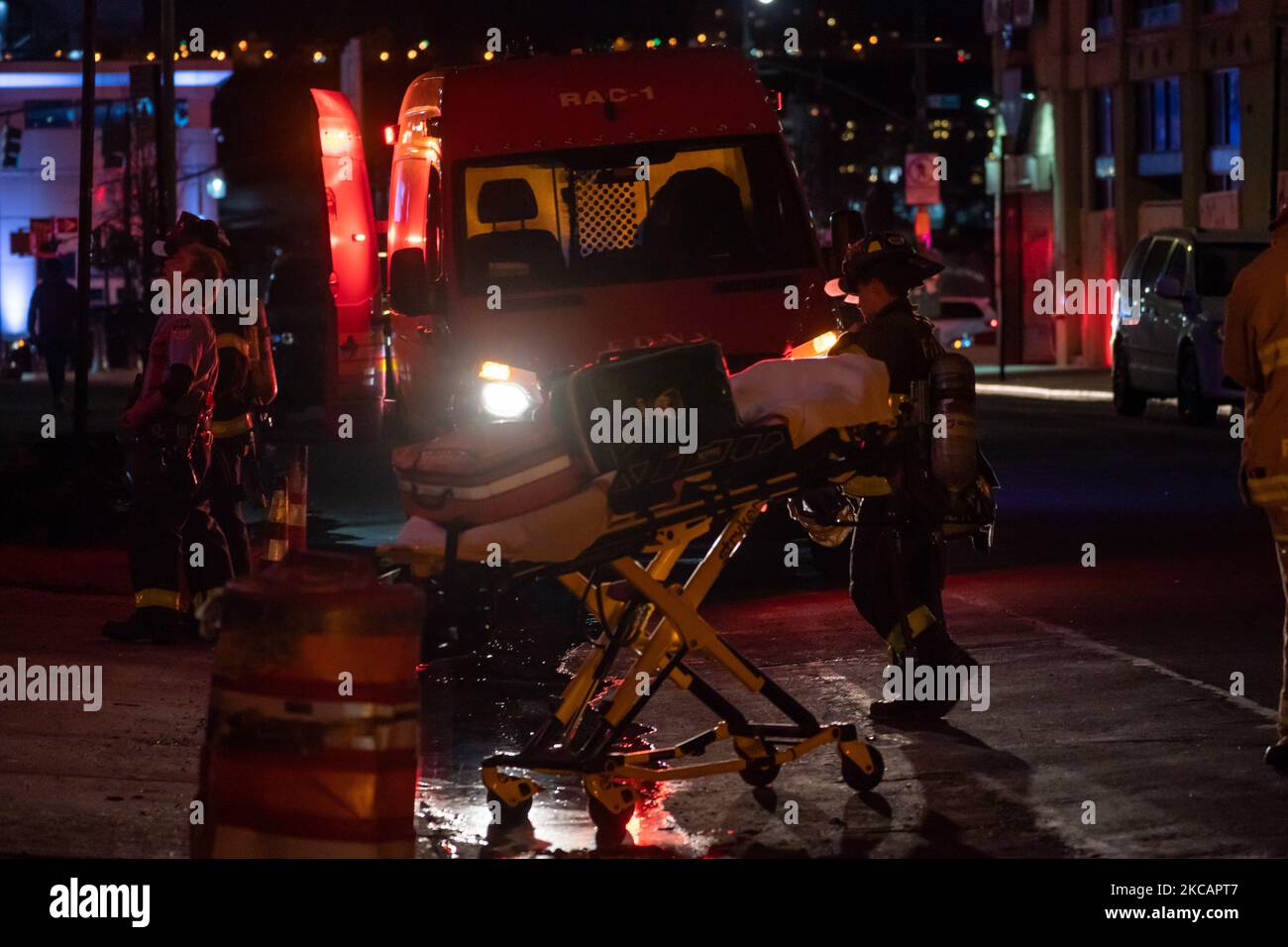 FDNY personnel are seen at a auto shop fire in Midtown, Manhattan, New ...