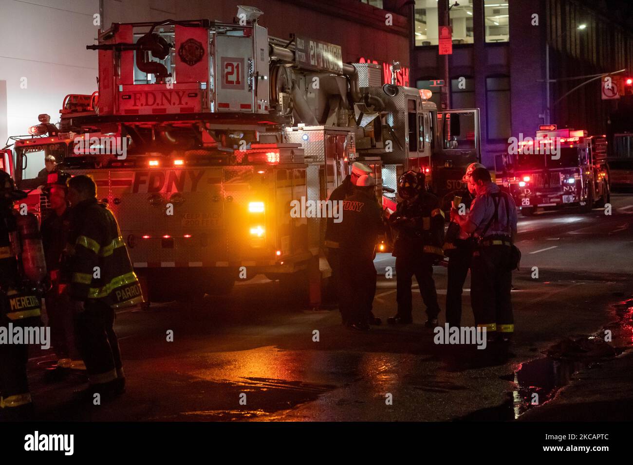 FDNY personnel are seen at a auto shop fire in Midtown, Manhattan, New ...