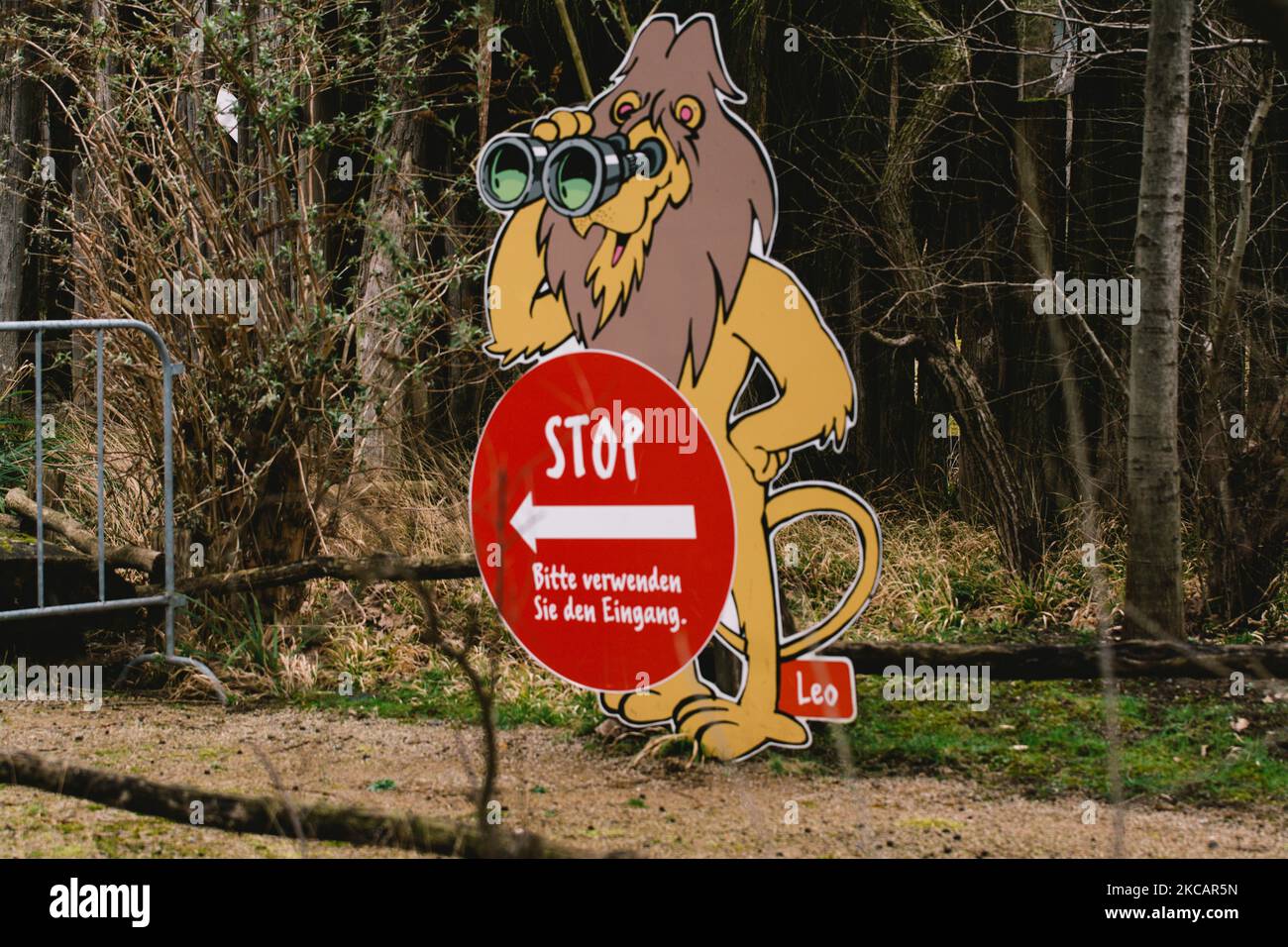 a lion cut out is seen with stop sign in Zoom Erlebniswelt zoo in ...