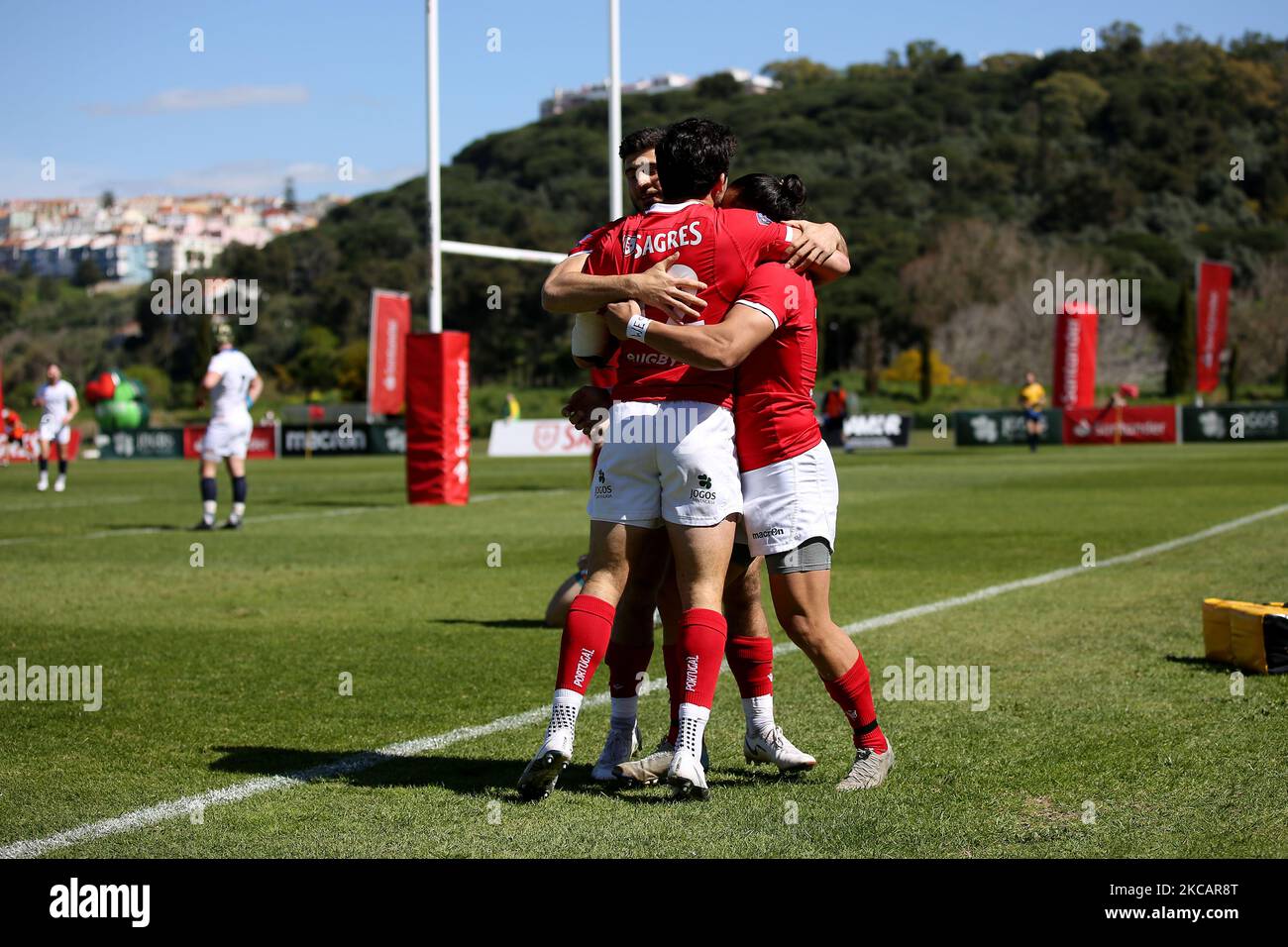 Portugal's players celebrate after scoring during the Rugby Europe ...