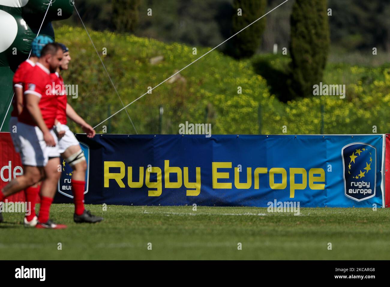 A banner of Rugby Europe is seen during the Rugby Europe Championship ...