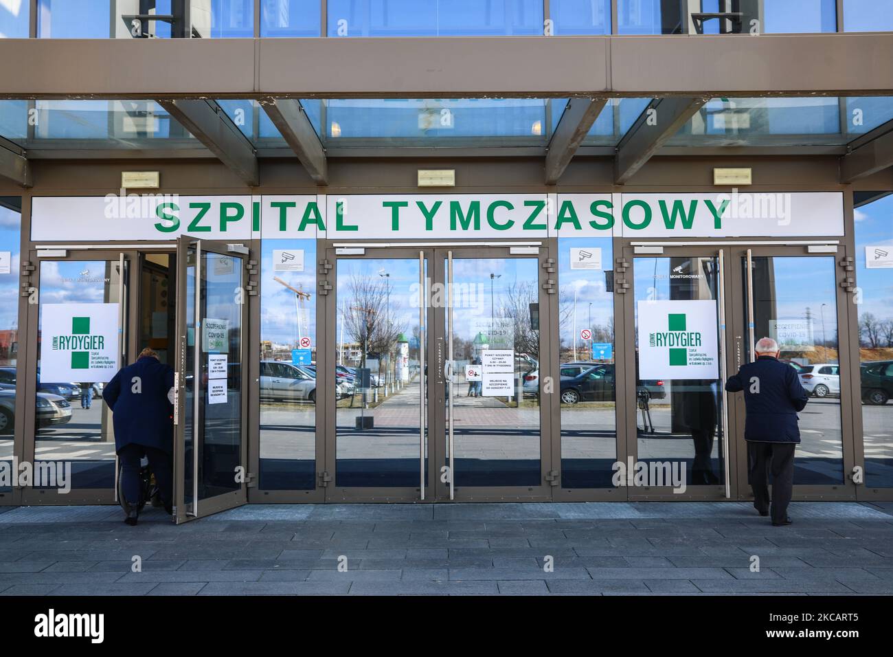A main entrance of a temporary hospital established at EXPO Krakow ...