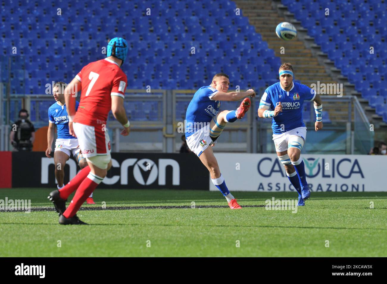 Paolo Garbisi of Italy kicks off during the 2021 Guinness Six Nations ...