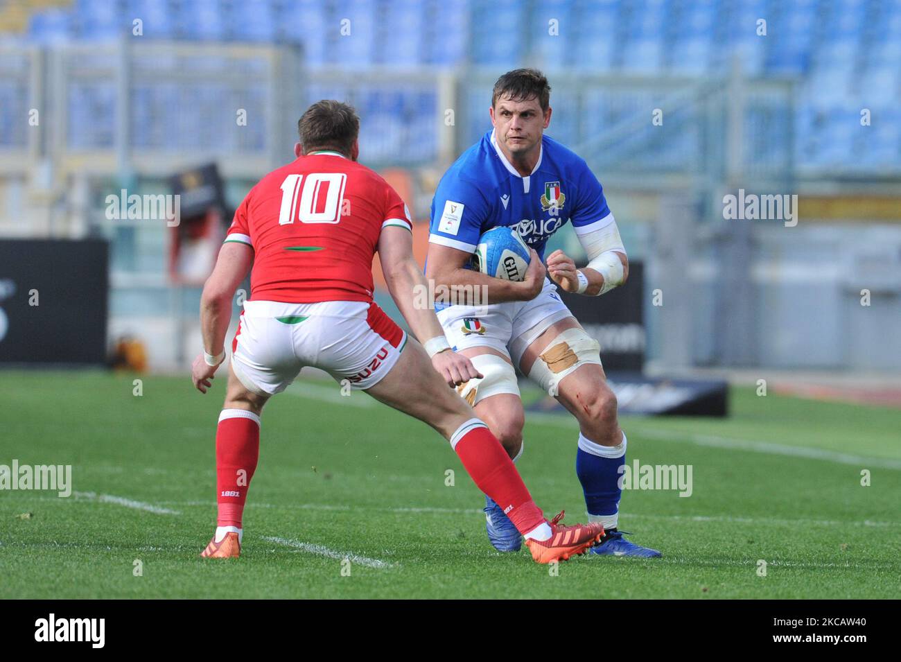 Johan Meyer of Italy faces Dan Biggar during the 2021 Guinness Six ...