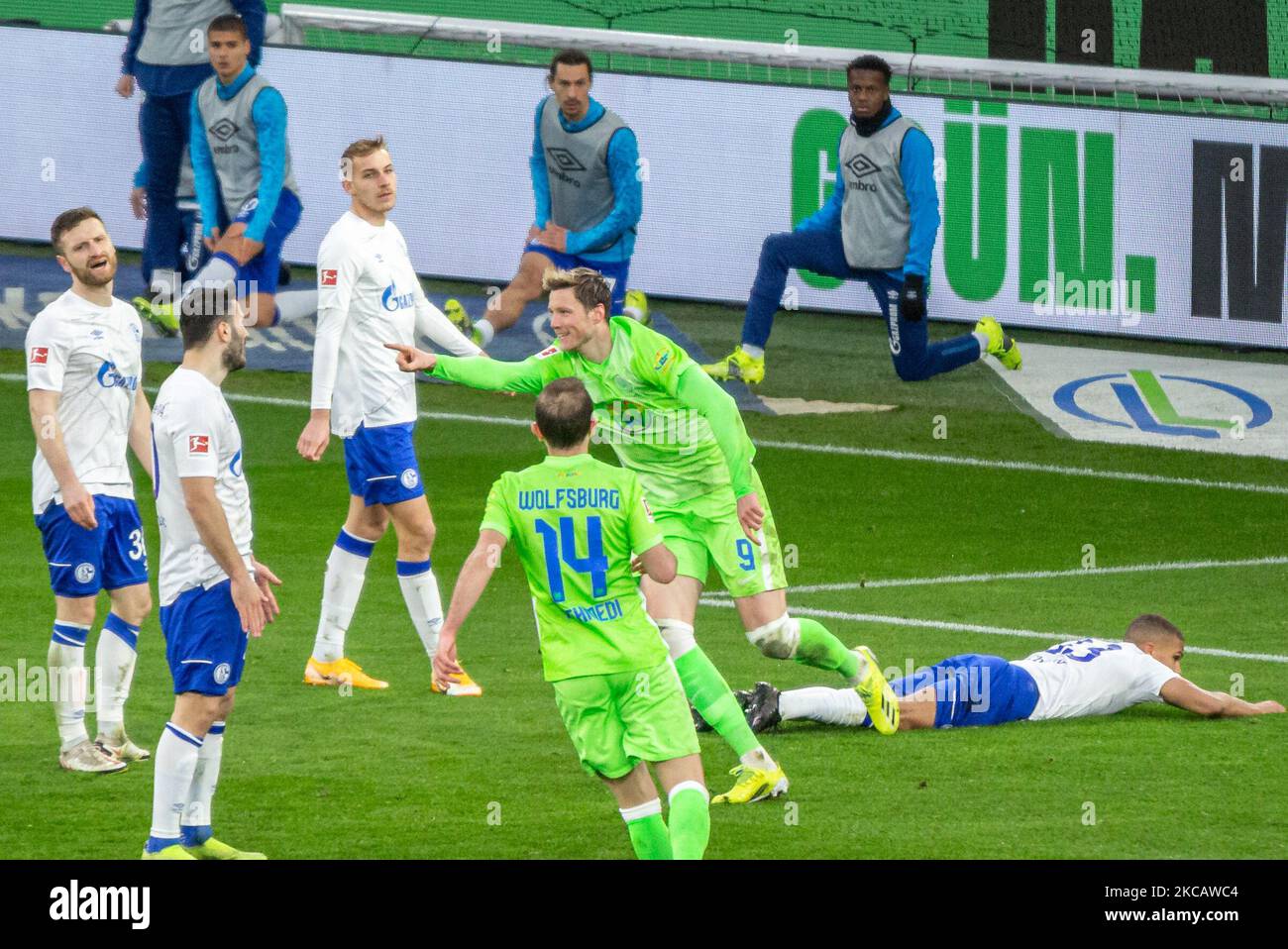 Wout Weghorst (number 9) of Wolfsburg after scoring his team's second ... Wout Weghorst (number 9) of Wolfsburg after scoring his team's second ...