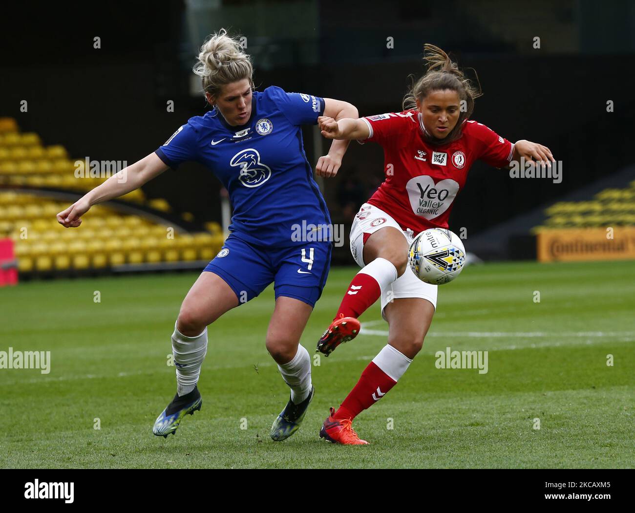 Abi Harrison of Bristol City Women tussle with Chelsea Ladies Millie ...