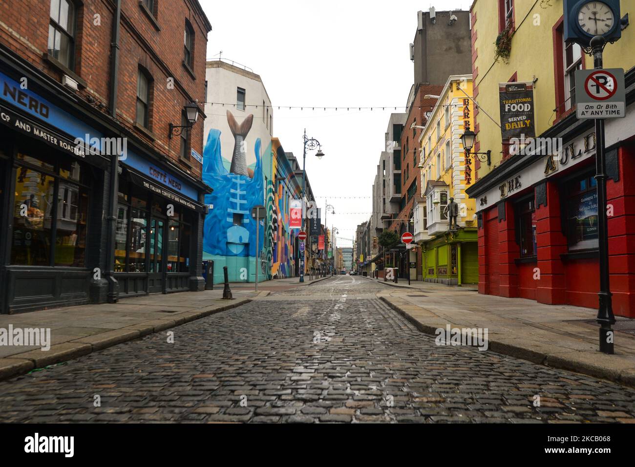 A view of an empty main street of the Temple Bar Area in Dublin's city ...