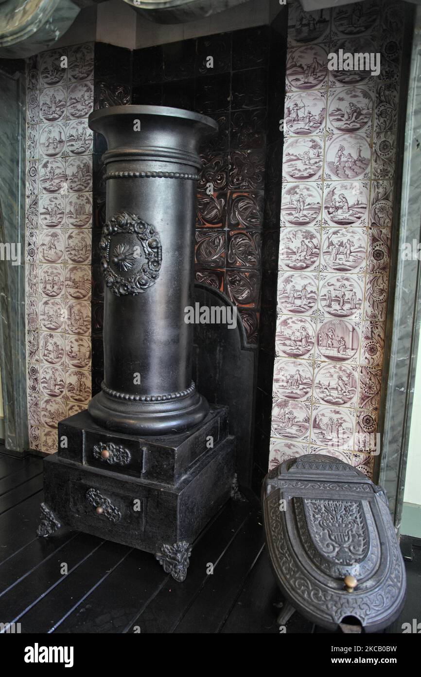 Traditional Dutch stove inside a home in the small town of Zaanse ...