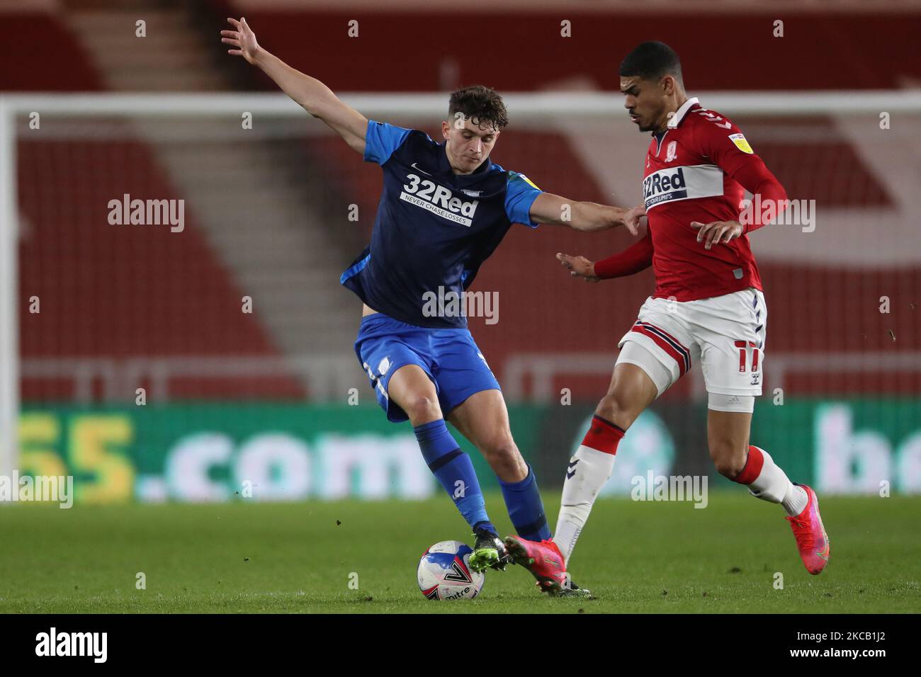 Jordan Storey of Preston North End in action with Middlesbrough's ...
