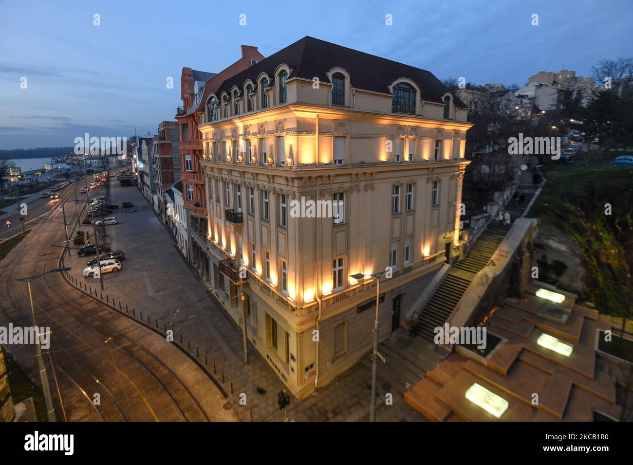 Belgrade skyline: Old Town in the Sava riverbank at evening. Serbia ...