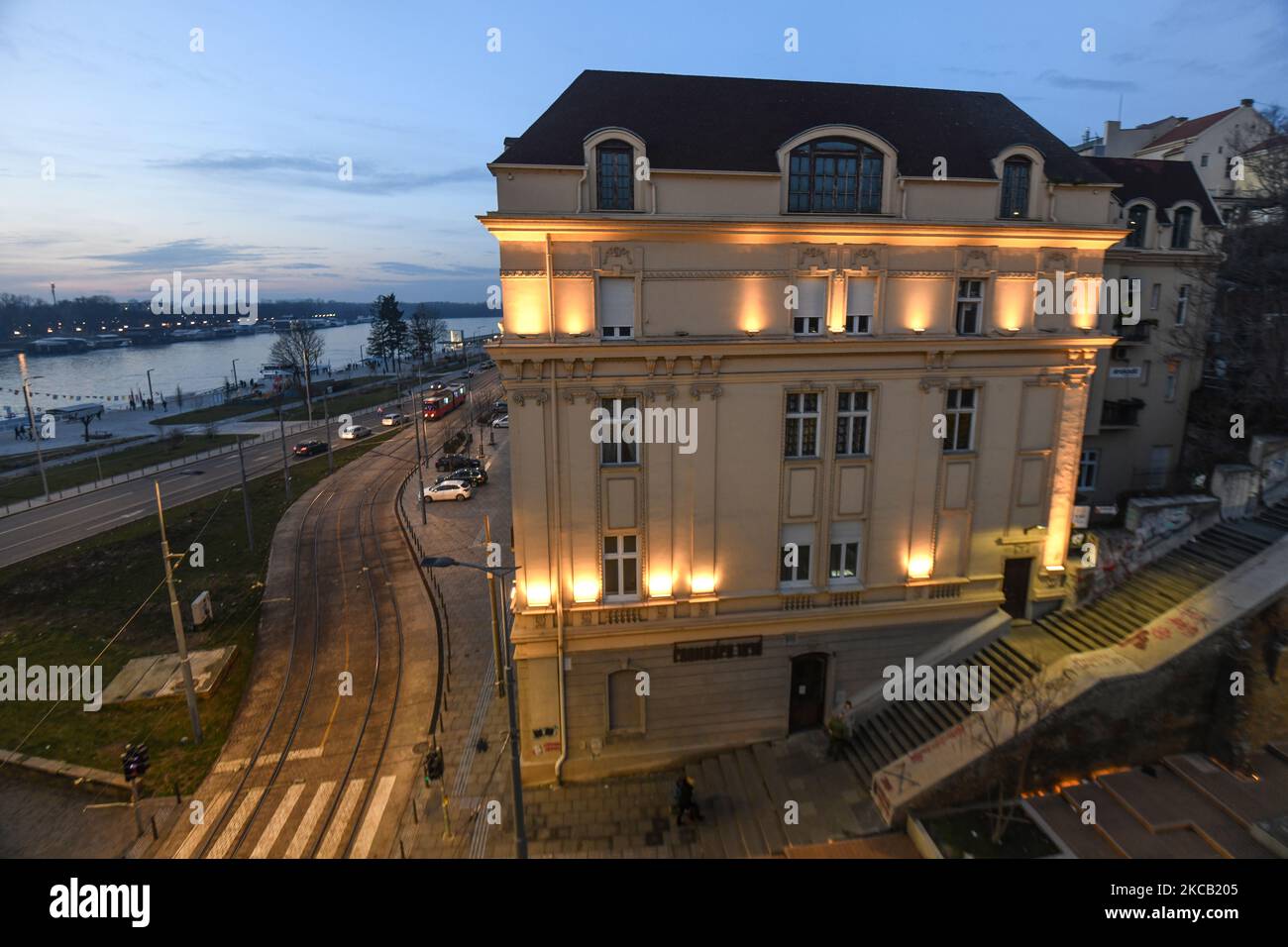 Belgrade skyline: Old Town in the Sava riverbank at evening. Serbia ...