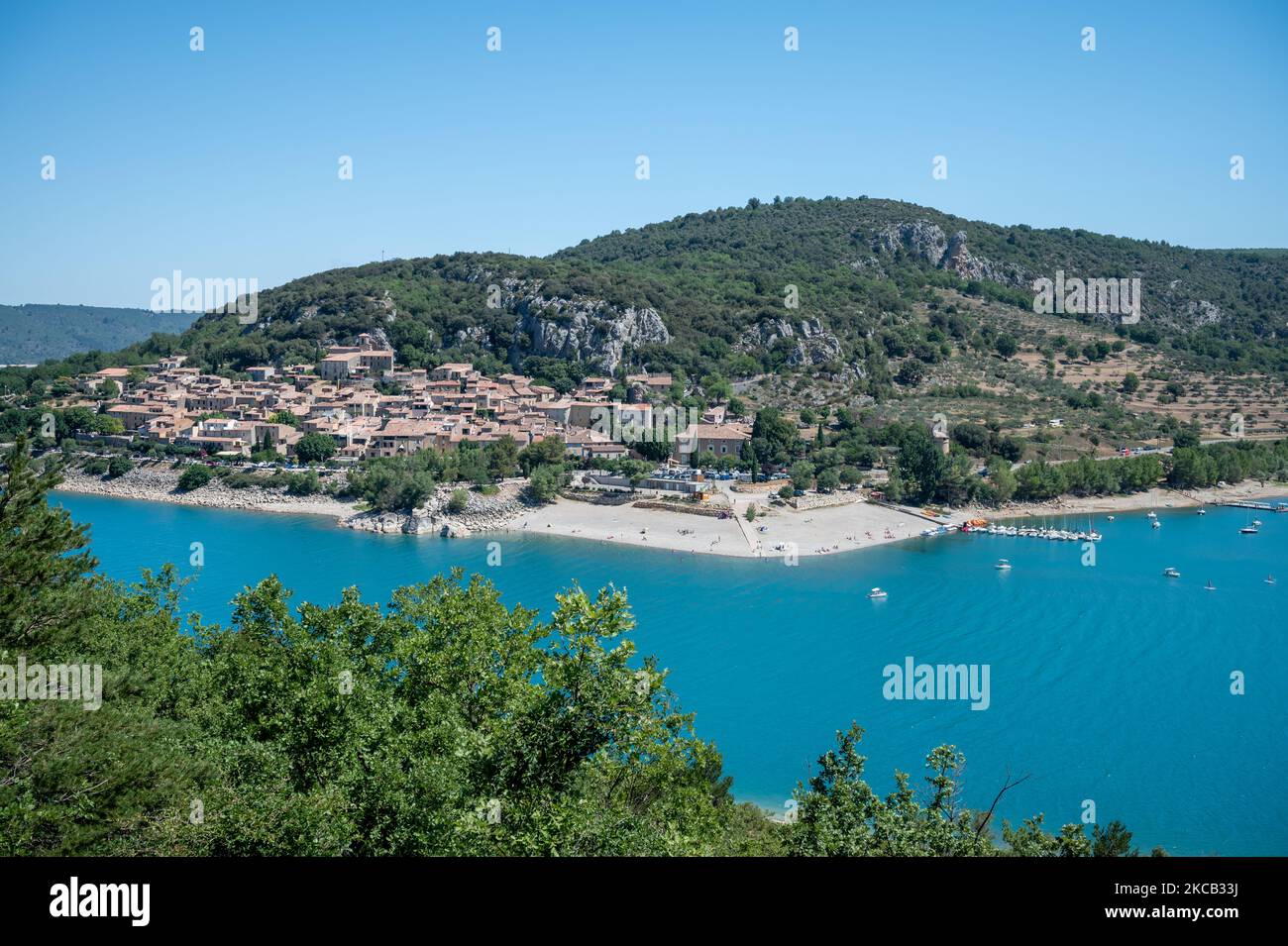 Panoramic aerial view of blue St. Croix lake in Verdon near Bauduen ...