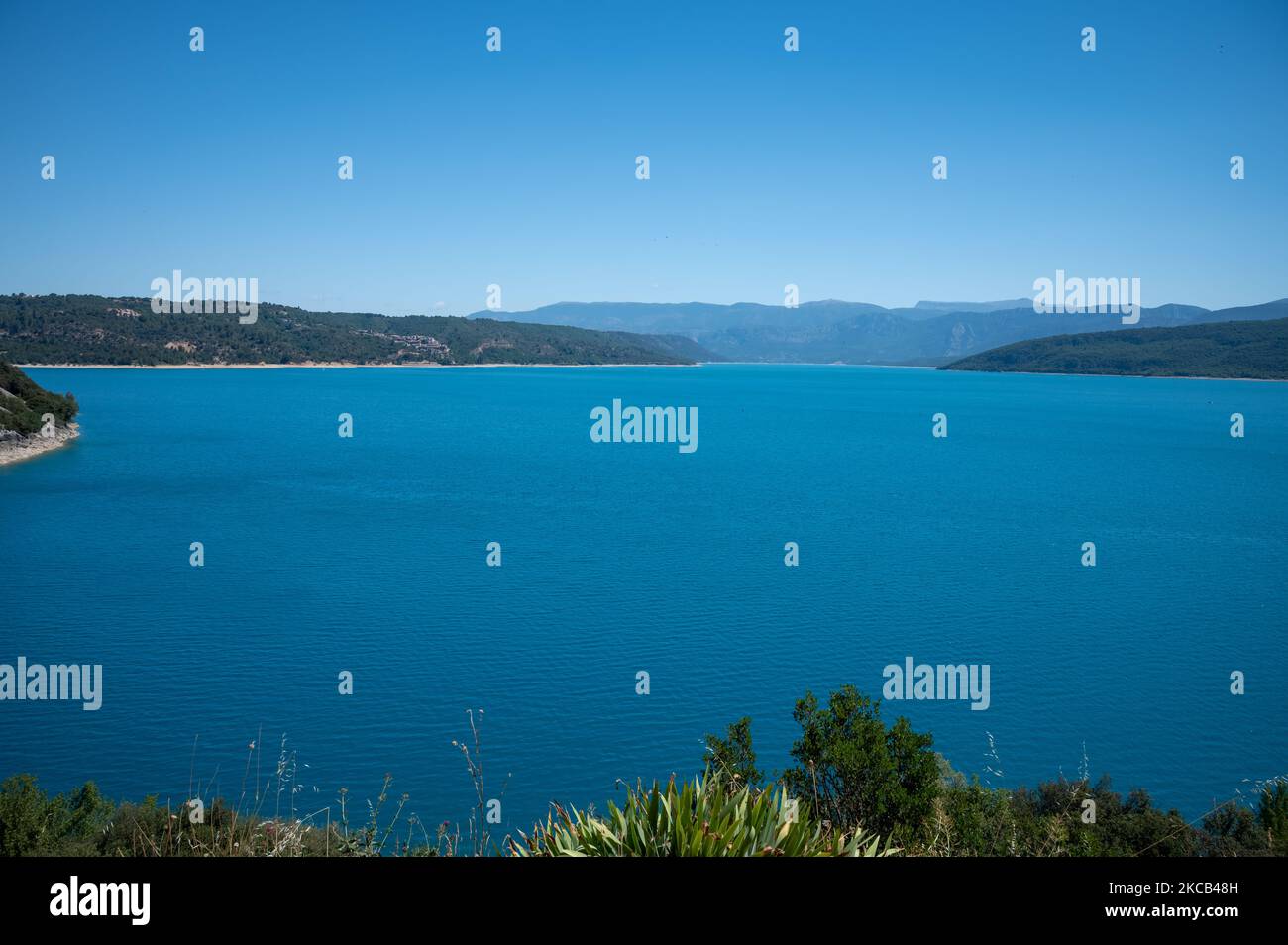 Panoramic aerial view of blue St. Croix lake in Verdon near Bauduen ...