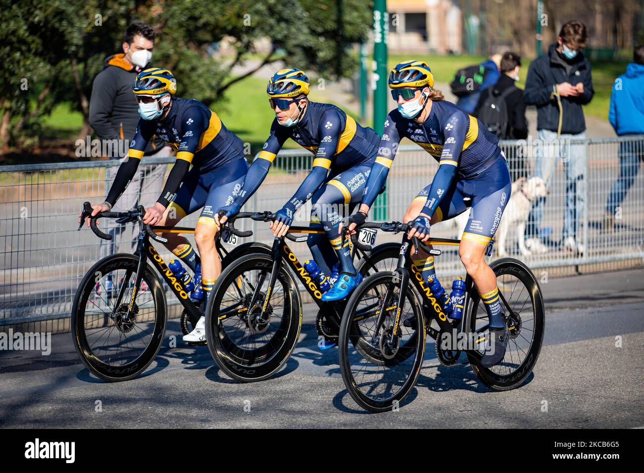 Riders at the start of the one-day classic cycling race Milano-Sanremo ...
