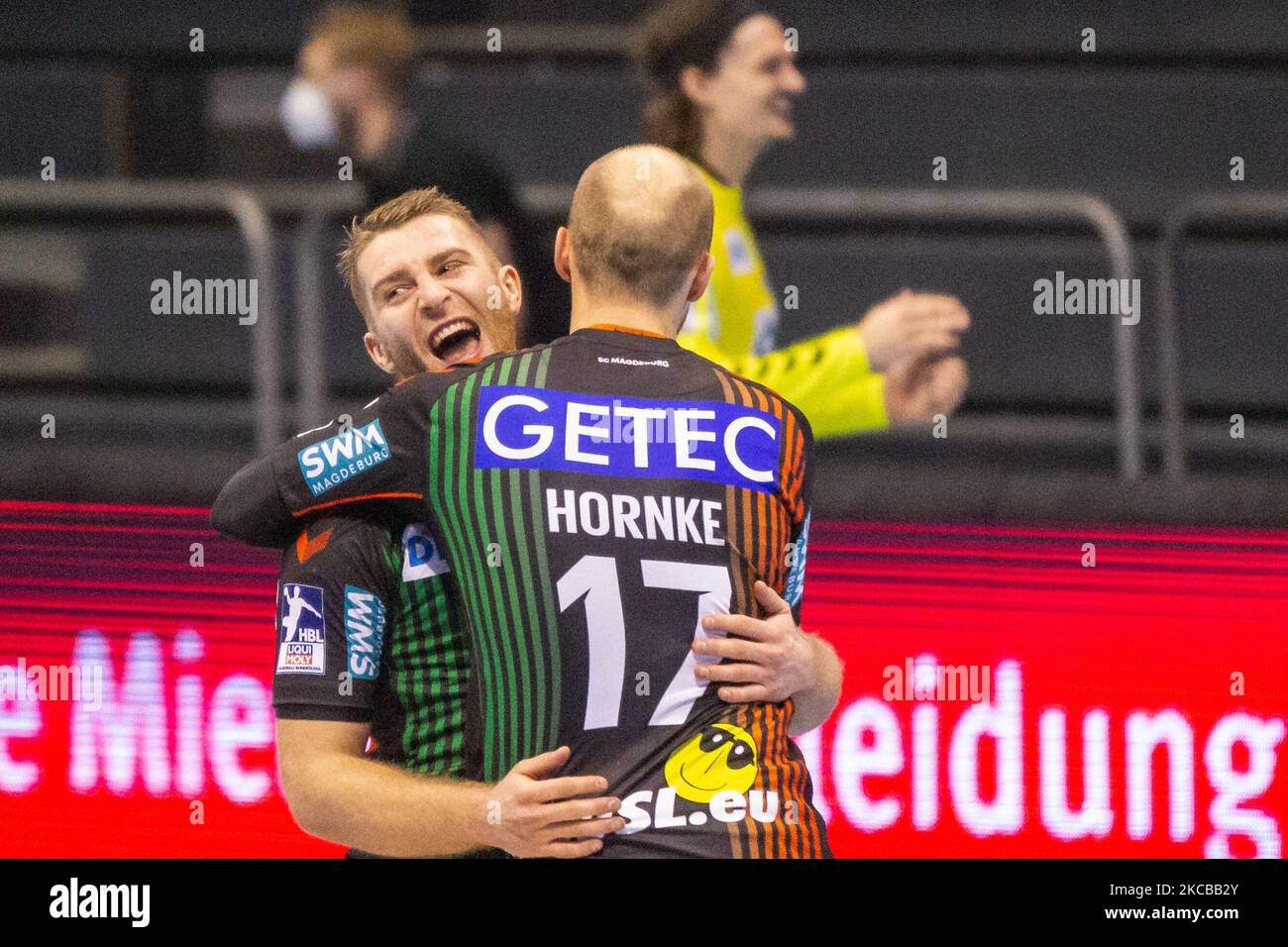 Lukas Mertens and Tim Hornke of SC Magdeburg celebrate following their ...