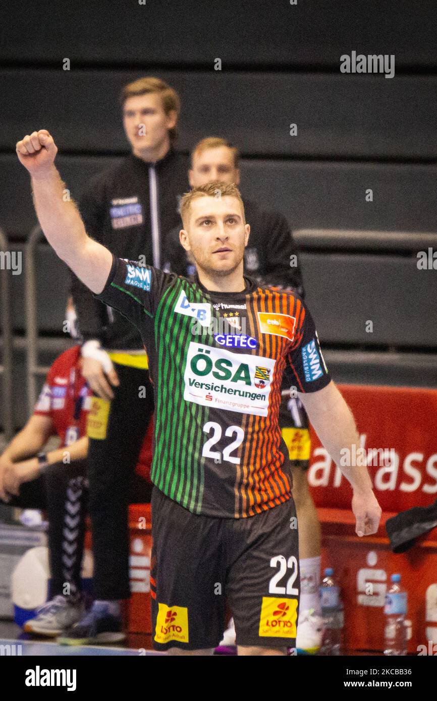Lukas Mertens of SC Magdeburg celebrate following their sides victory ...