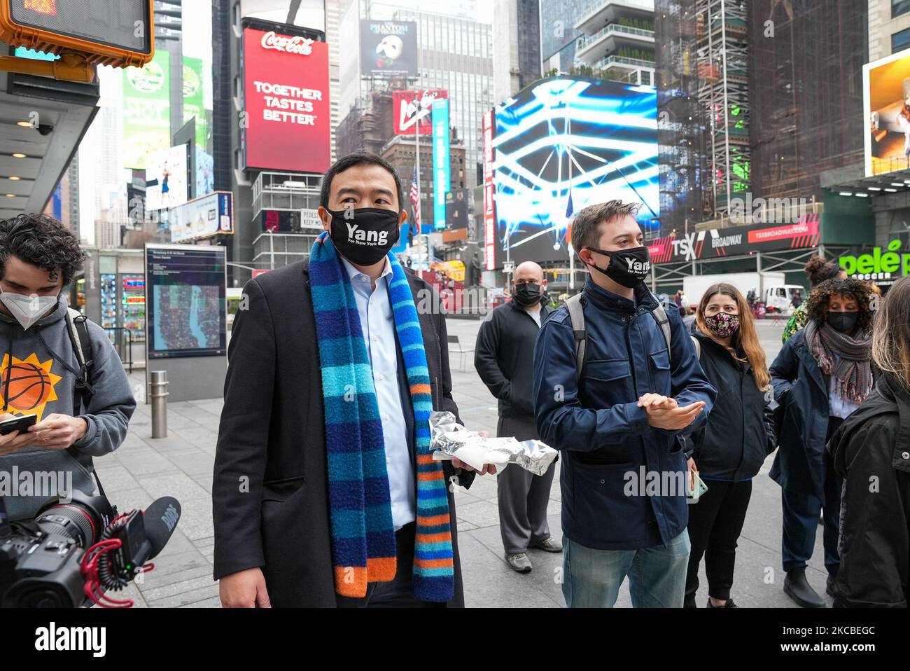 New York City Mayoral candidate Andrew Yang speaks to the media at ...