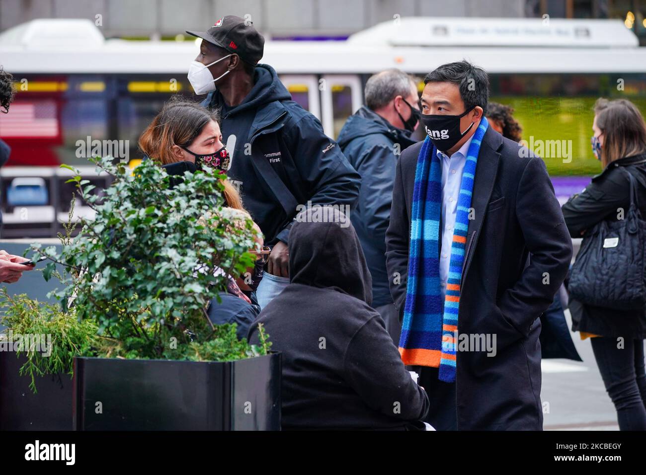 New York City Mayoral candidate Andrew Yang speaks to the media at ...