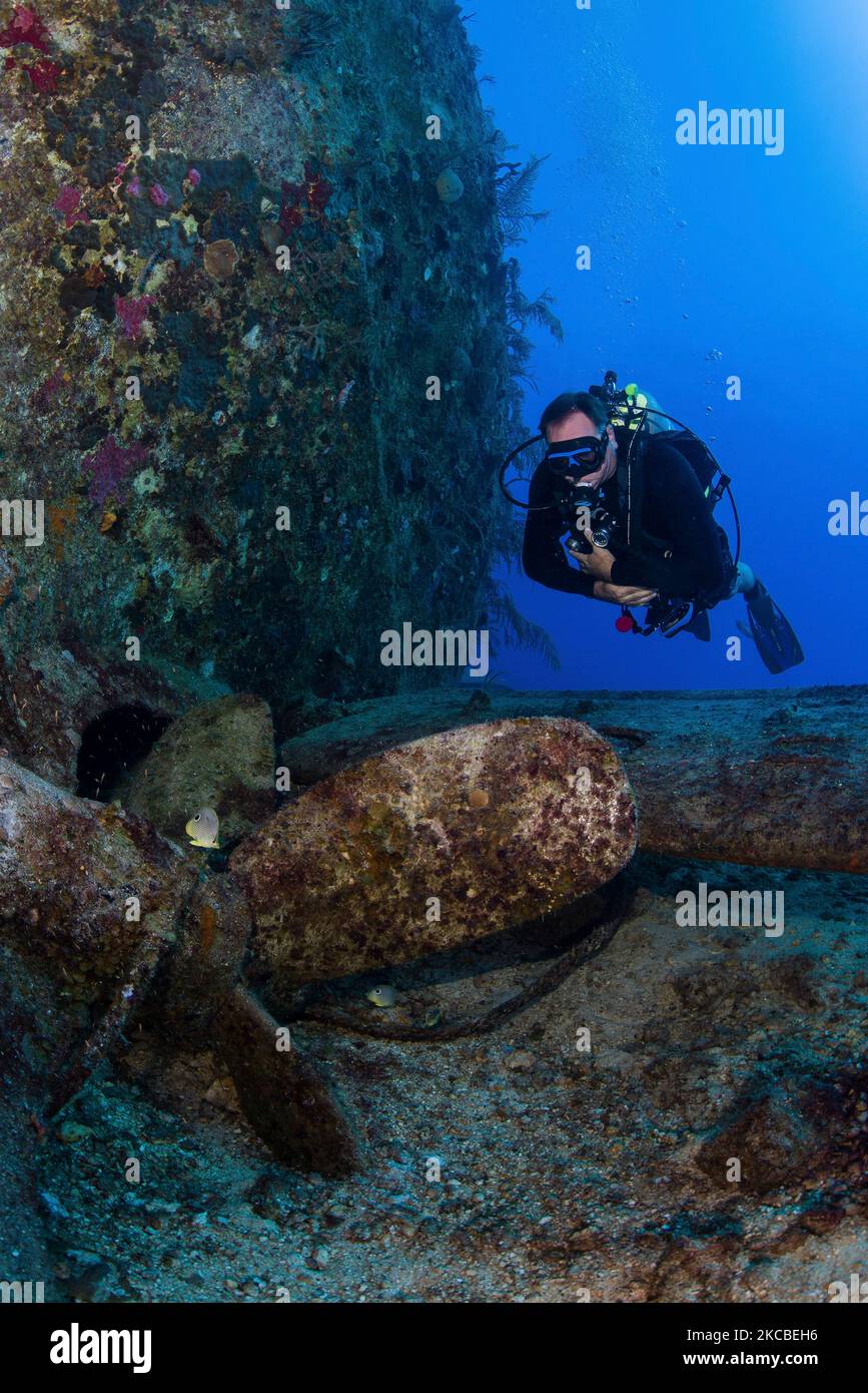 A diver observes the propeller of the Sea Star II shipwreck in the ...