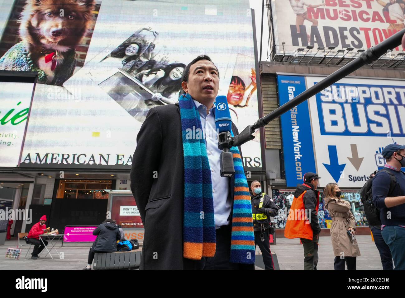 New York City Mayoral candidate Andrew Yang speaks to the media at ...