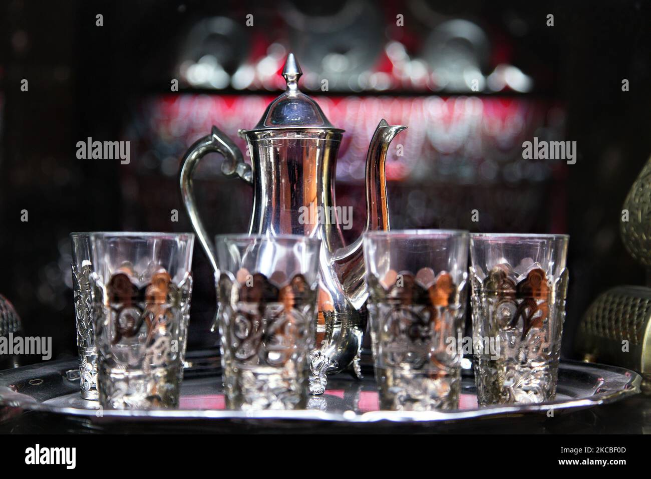 Traditional silver tea set at a teashop in the medina (old city) of Fez ...