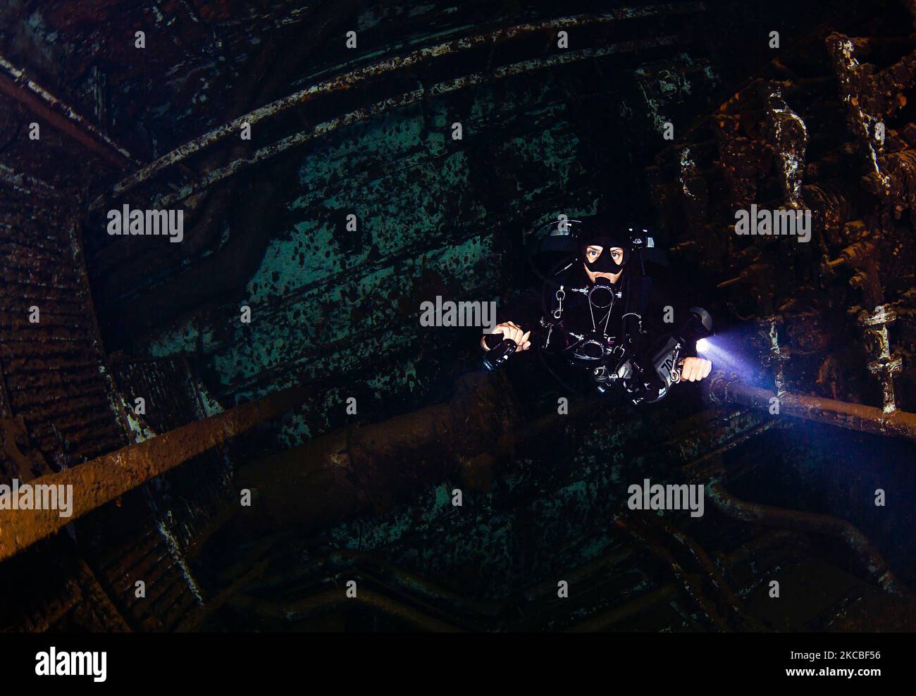 Technical scuba diver wreck diving the Hilma Hooker shipwreck in ...