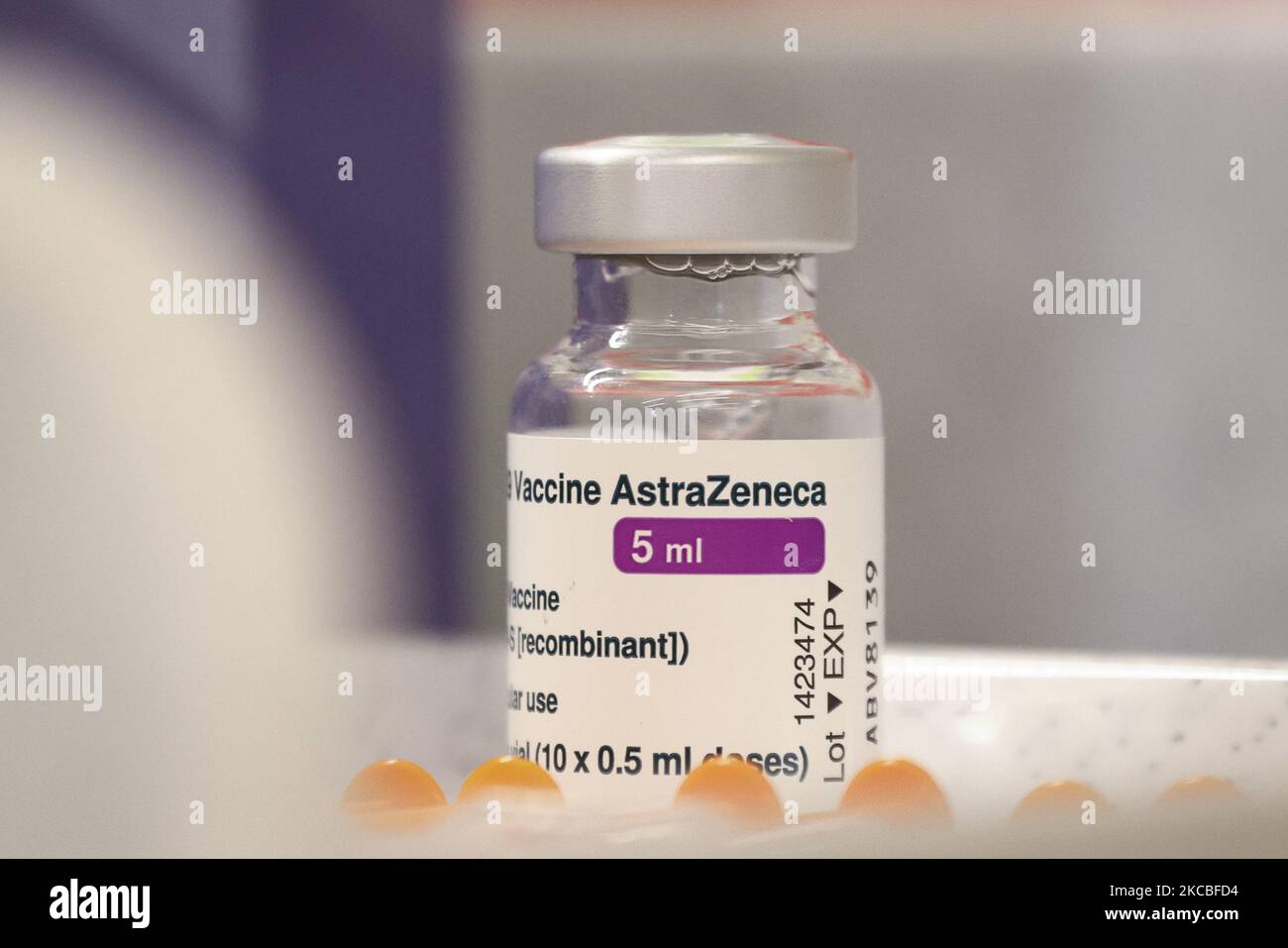 A vial of AstraZeneca COVID-19 vaccine is seen at the Military ...