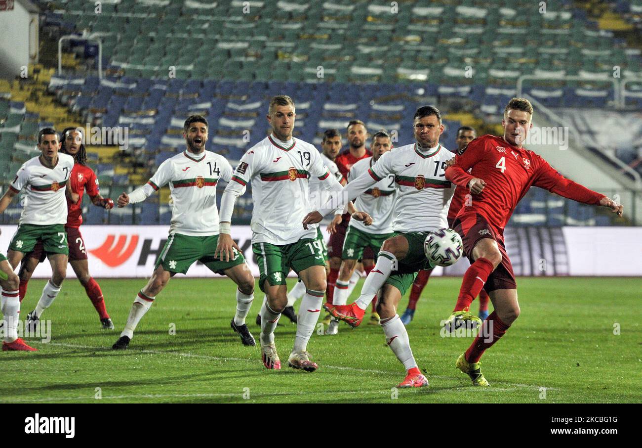 Nico Elvedi of Switzerland among four Bulgarian players during the FIFA ...