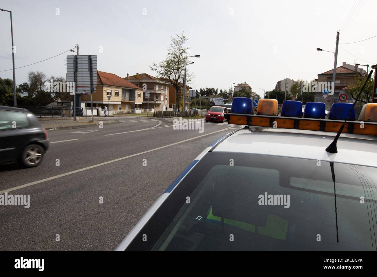 A general view of the police car with is light on, on March 26, Lisbon ...