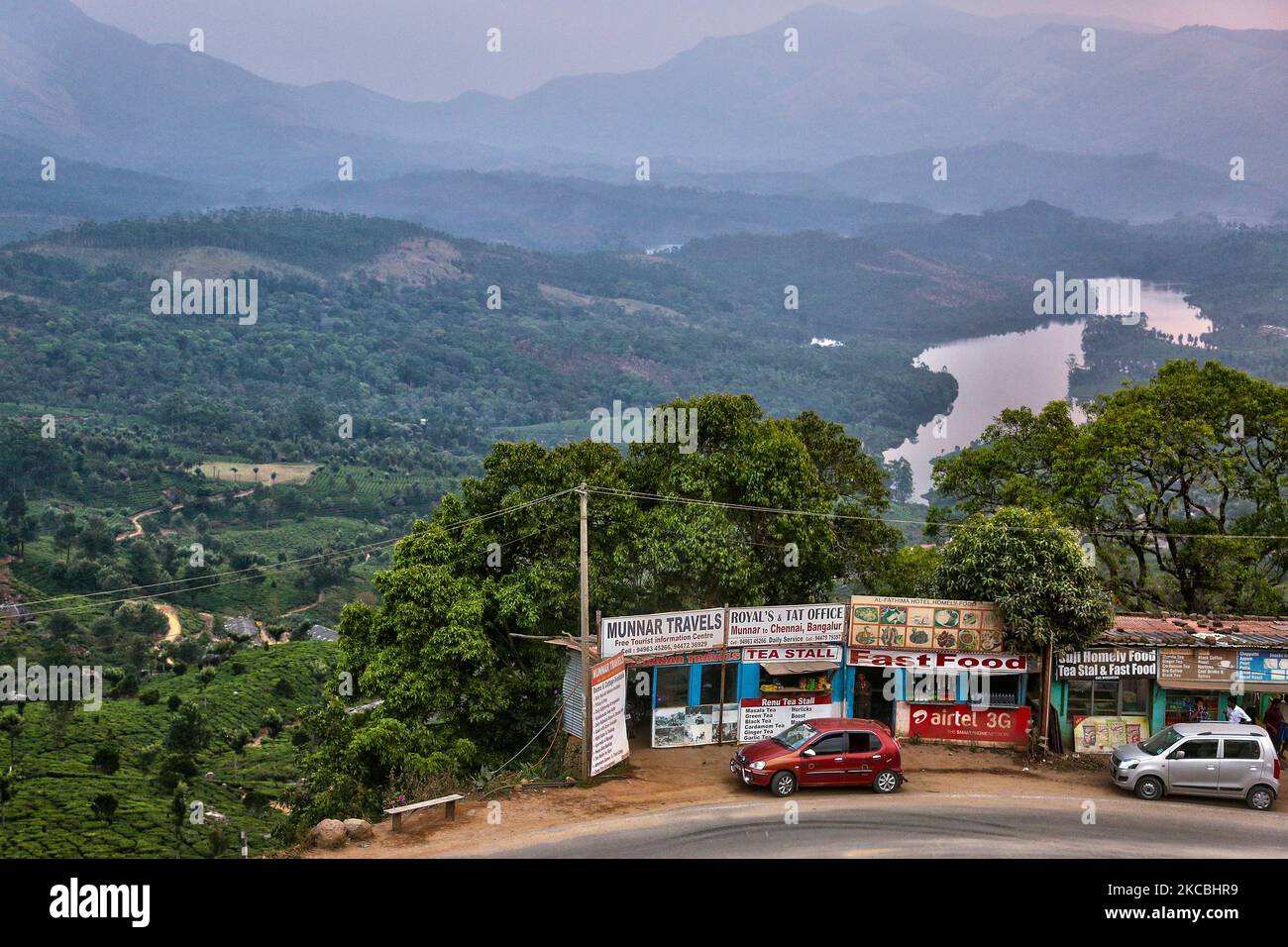 Tea stalls overlooking the mountainous view in the Munnar Valley in ...