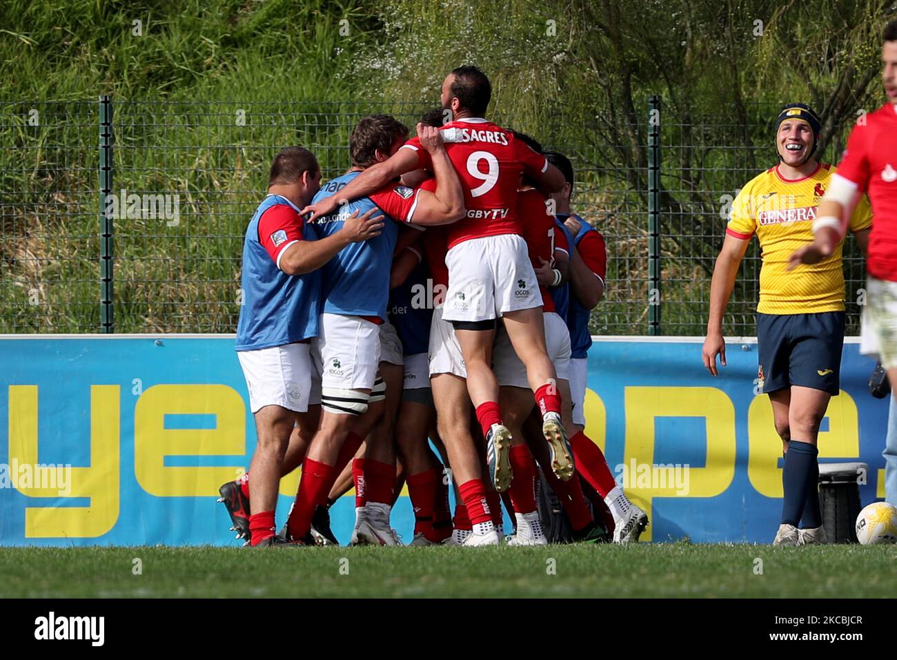 Portugal's players celebrate after scoring during the Rugby Europe ...