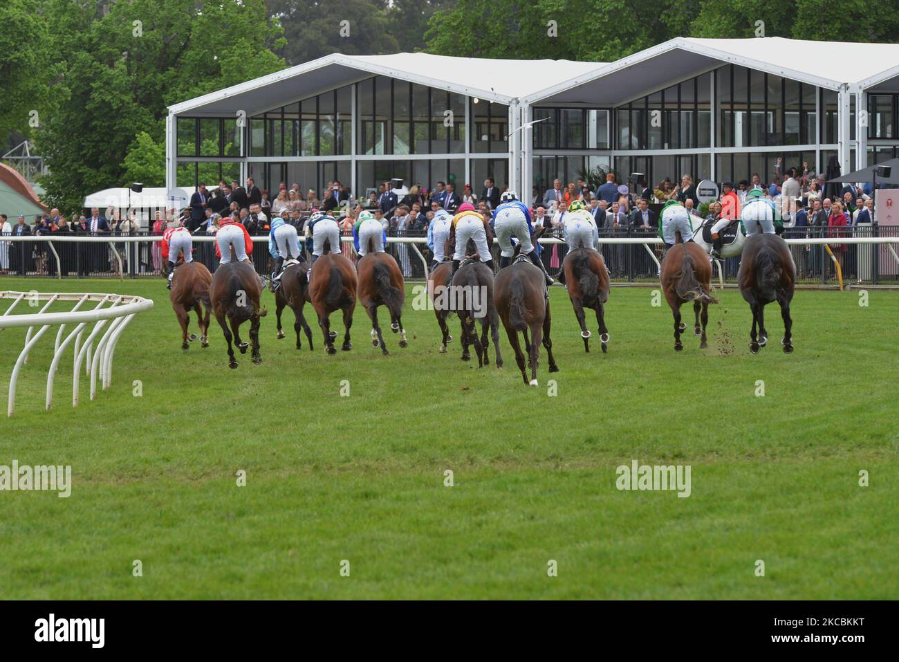 Jockeys and people take part during 3rd day of Melbourne Cup Carnival ...