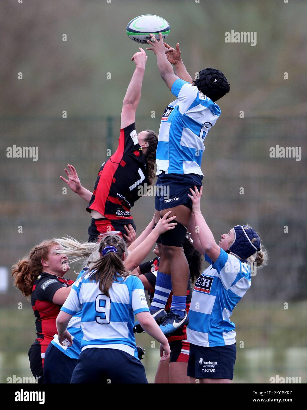 Maisy Allen of Gloucester Hartpury contests a line out with DMP Durham ...
