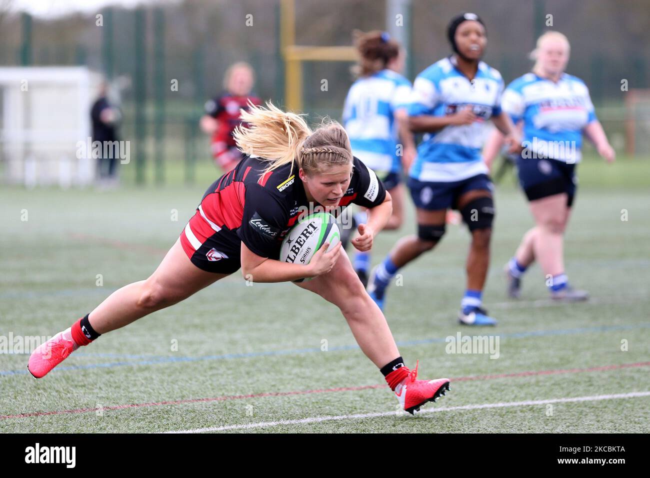 Connie Powell of Gloucester Hartpury goes over for a try during the ...