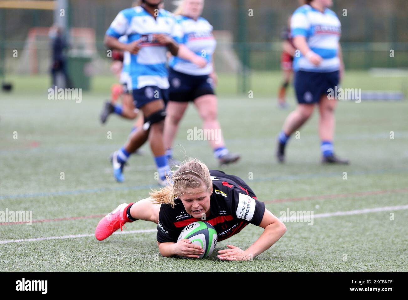 Connie Powell of Gloucester Hartpury goes over for a try during the ...