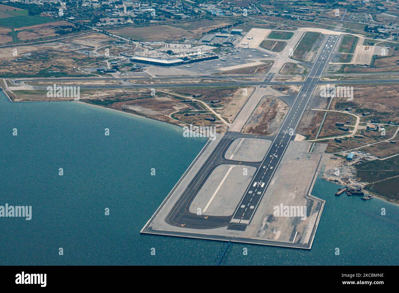 Aerial view from an aircraft window during a flight, of Thessaloniki ...