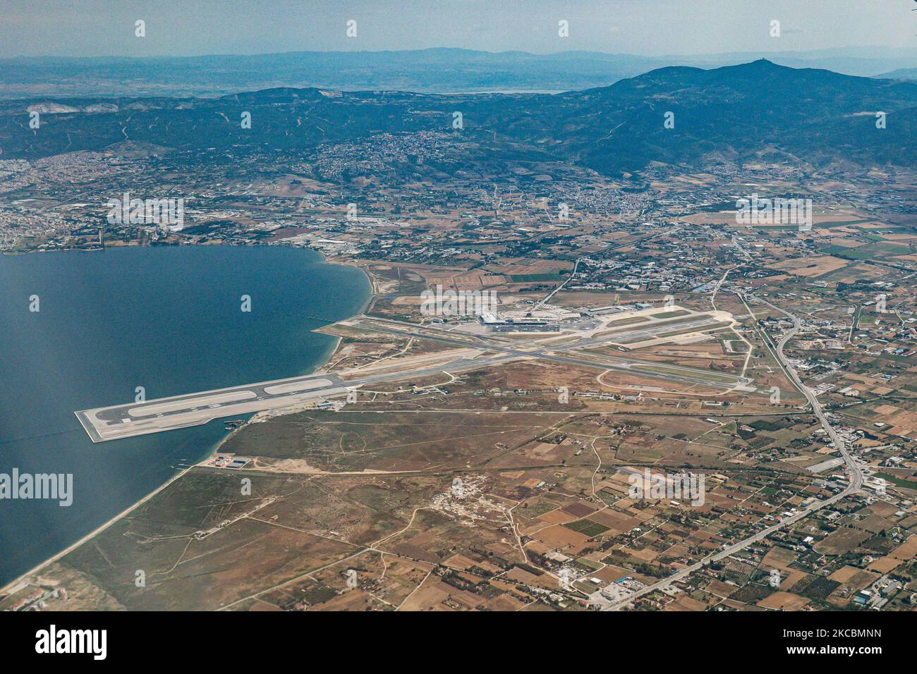 Aerial view from an aircraft window during a flight, of Thessaloniki ...