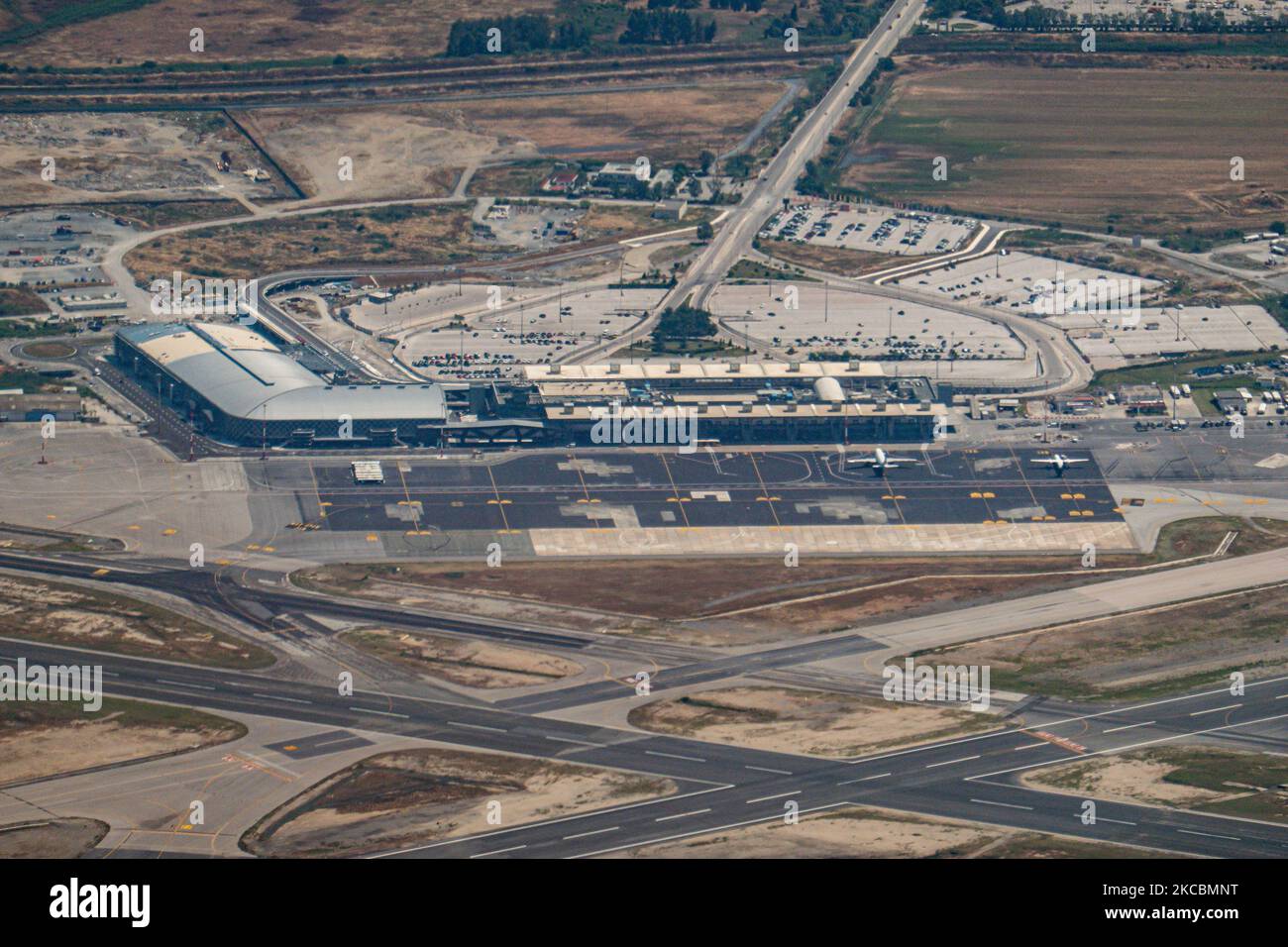 Aerial view from an aircraft window during a flight, of Thessaloniki ...