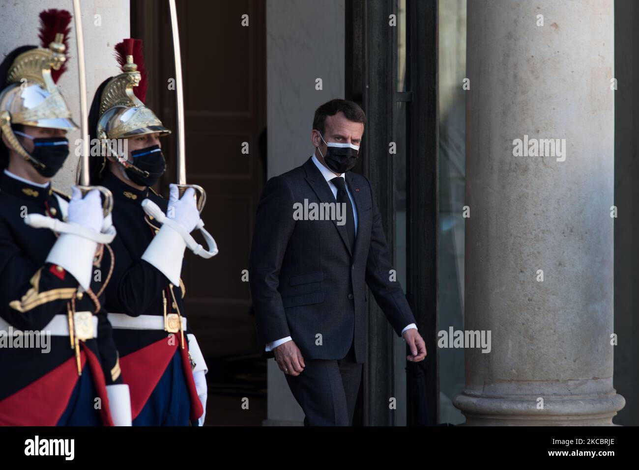 President of the French Republic Emmanuel Macron awaits the arrival of ...
