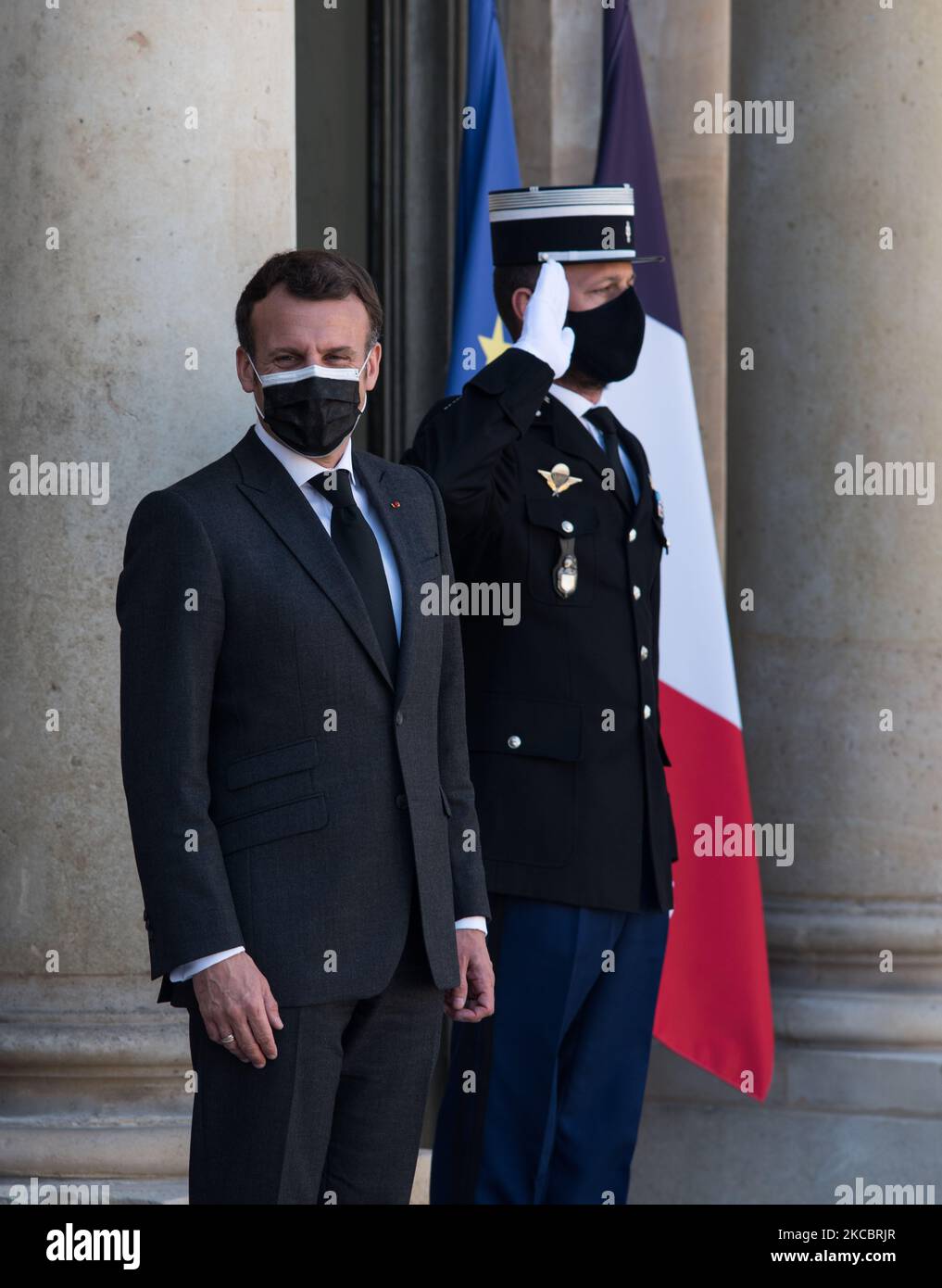 President of the French Republic Emmanuel Macron awaits the arrival of ...