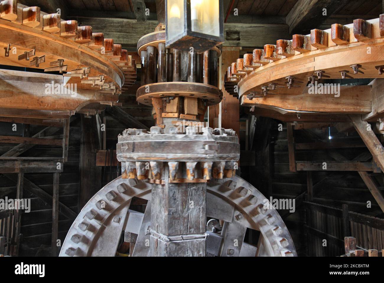 Gears inside a windmill in the small town of Zaanse Schans, Holland ...