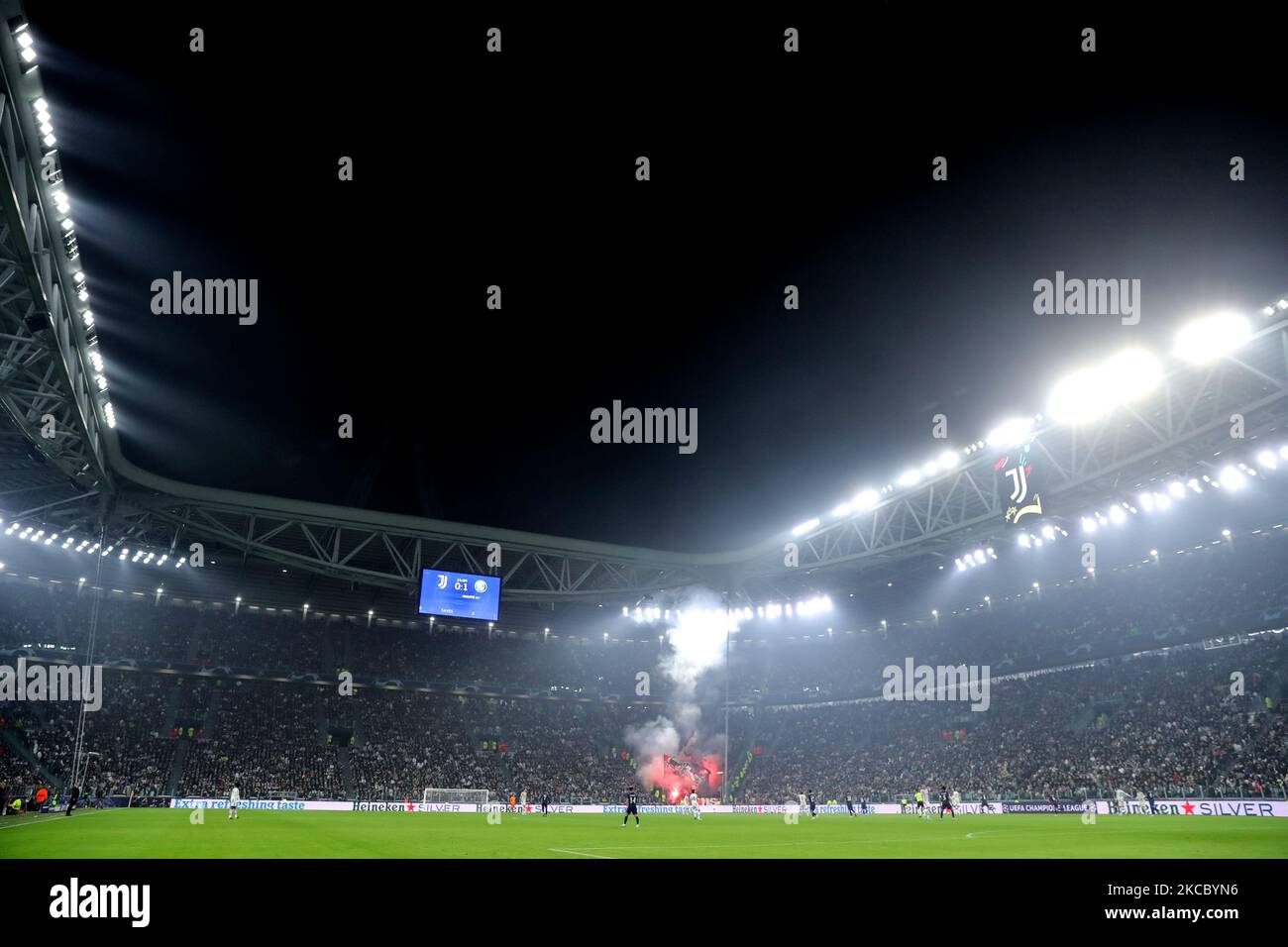 Turin, Italy, 2nd November 2022. Flares are seen in the PSG fans ...