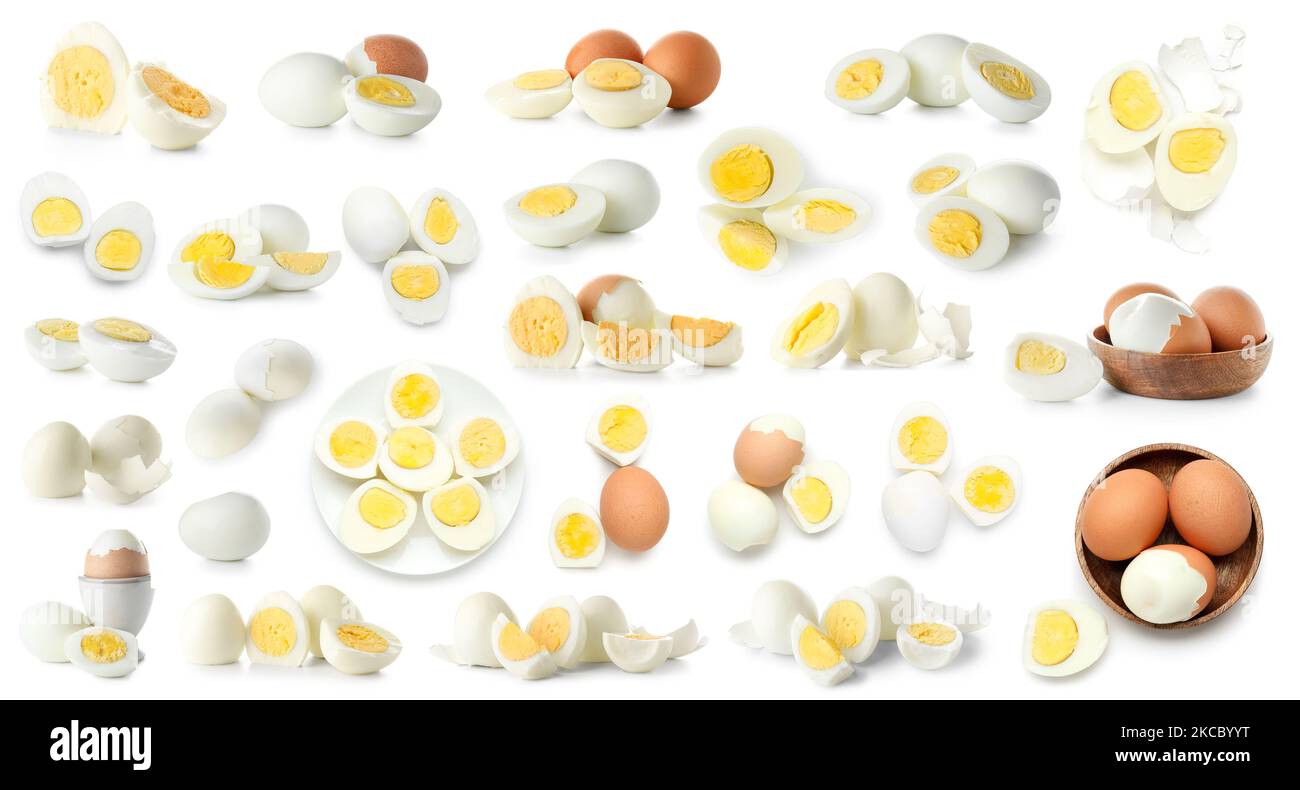Set of many boiled eggs isolated on white Stock Photo - Alamy